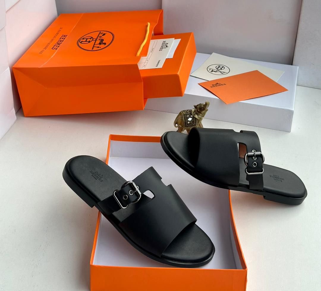 Hermès Black Leather Buckle H-Strap Slides – Classic Luxury Sandals ...